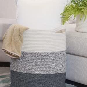 COMFY-HOMI XXL Large Laundry Basket with Handles Blanket Baskets Living Room|Woven Cotton Rope Decorative Basket Laundry Hamper Baby Gift Nursery Dog Toy Storage Organizer Bin-16”x18”-3Tone Grey