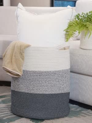 COMFY-HOMI XXL Large Laundry Basket with Handles Blanket Baskets Living Room|Woven Cotton Rope Decorative Basket Laundry Hamper Baby Gift Nursery Dog Toy Storage Organizer Bin-16”x18”-3Tone Grey