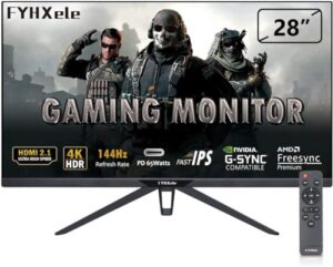 fyhxele 28" gaming monitor, 4k 144hz monitor, fast ips, 1ms, uhd 3840 * 2160 computer monitor with remote, free-sync, dsc, hdmi 2.1/2.0, displayport 1.4, usb type c, hdr400, vesa/low blue light