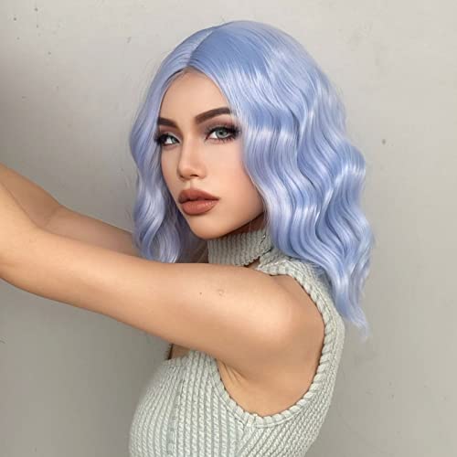 Stamped Glorious Short Curly Wig for Women Bob Wig Synthetic Shoulder Length Wavy Wigs for Daily Party Cosplay Use (Blue,14 inch)