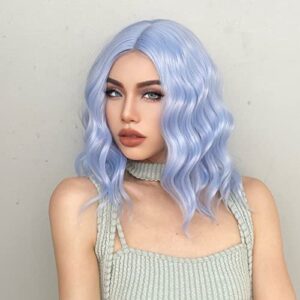 Stamped Glorious Short Curly Wig for Women Bob Wig Synthetic Shoulder Length Wavy Wigs for Daily Party Cosplay Use (Blue,14 inch)