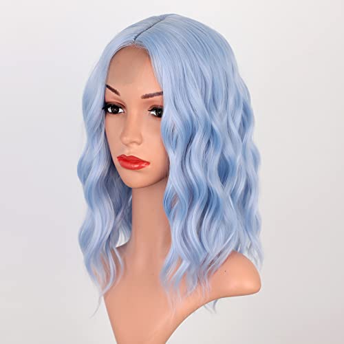 Stamped Glorious Short Curly Wig for Women Bob Wig Synthetic Shoulder Length Wavy Wigs for Daily Party Cosplay Use (Blue,14 inch)