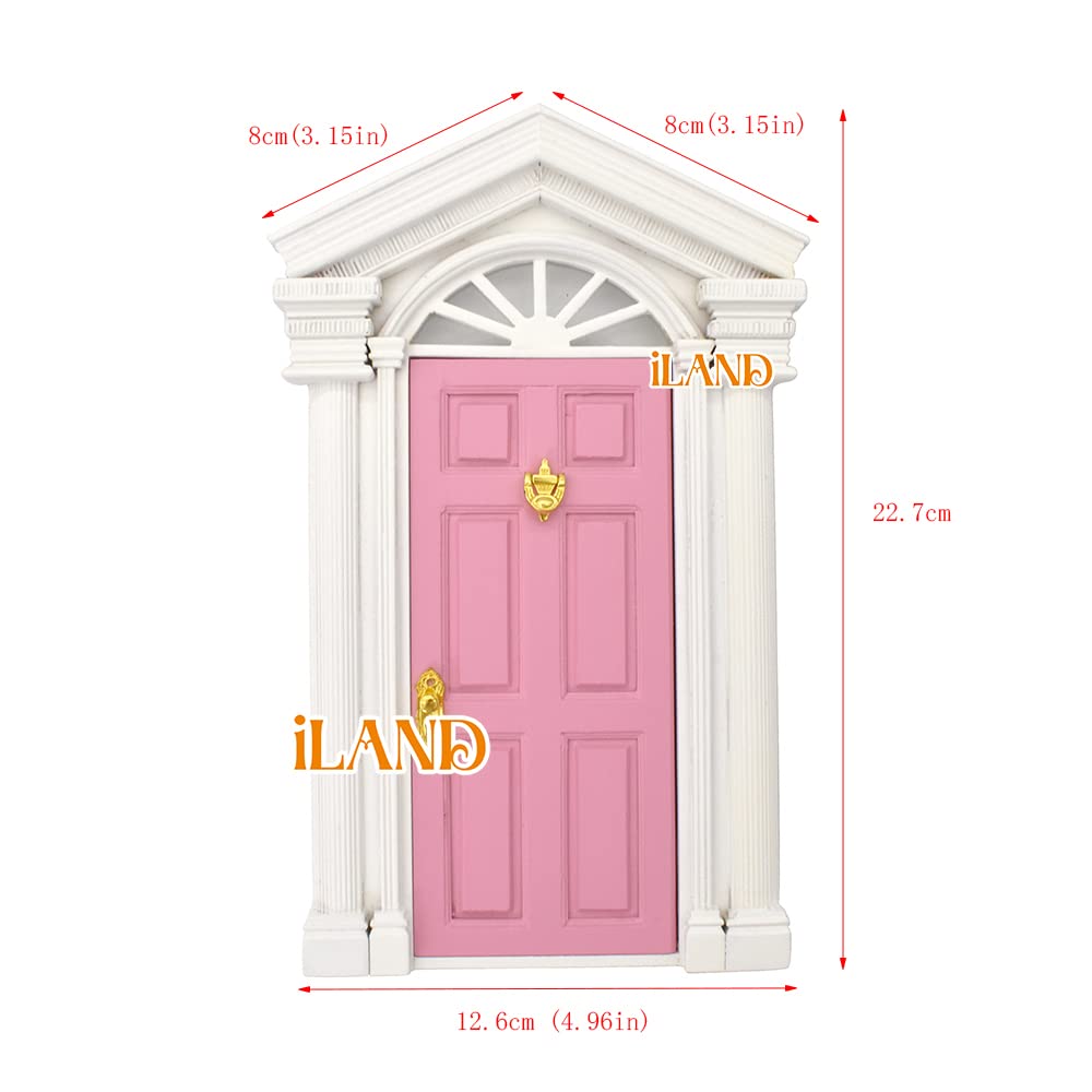 iland Fairy Door for Wall with Dollhouse Accessories, Magical Wooden Elf Door, Tooth Fairy Kit (21pcs Pink)