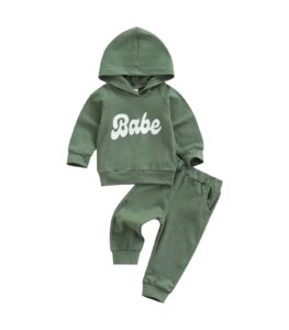 newbron baby girls boys clothes babe letter printed long sleeve pullover hooded sweatshirts+pants outfits (green, 0-3 months)