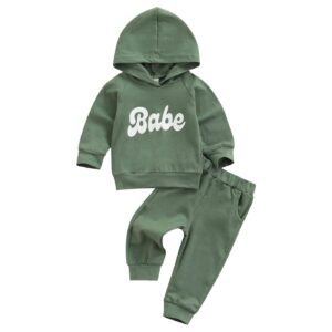 Newbron Baby Girls Boys Clothes BABE Letter Printed Long Sleeve Pullover Hooded Sweatshirts+Pants Outfits (Green, 0-3 Months)