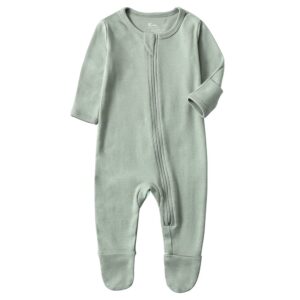 o2 baby baby boys girls organic cotton zip front sleeper pajamas, footed sleep 'n play（0-3 months, sage）