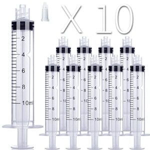 10 pack 10ml/cc plastic luer lock syringe large syringes without needle, individually wrapped, tip cap, for scientific labs, measuring liquid, dispensing, oil or glue applicator (10ml, luer lock tip)