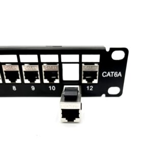 ETS 12 Port Patch Panel Cat6A Inline Keystone, Feedthrough Coupler Patch Panel 10-Inch with Cable Support, Fully Loaded Pass Through Jacks, 1U Network Patch Panel Compatible Cat7, Cat6, Cat6A, Cat5e