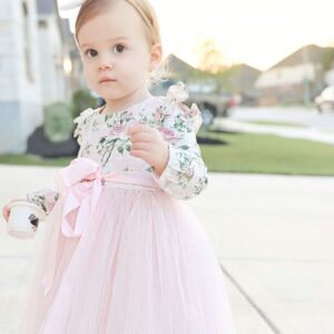 Flofallzique Toddler Tulle Dress Long Sleeves Vintage Floral Little Girls Tea Party Dresses (Peach, 1 Year)