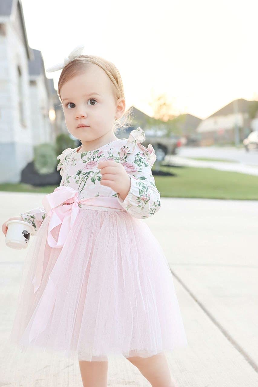 Flofallzique Toddler Tulle Dress Long Sleeves Vintage Floral Little Girls Tea Party Dresses (Peach, 1 Year)