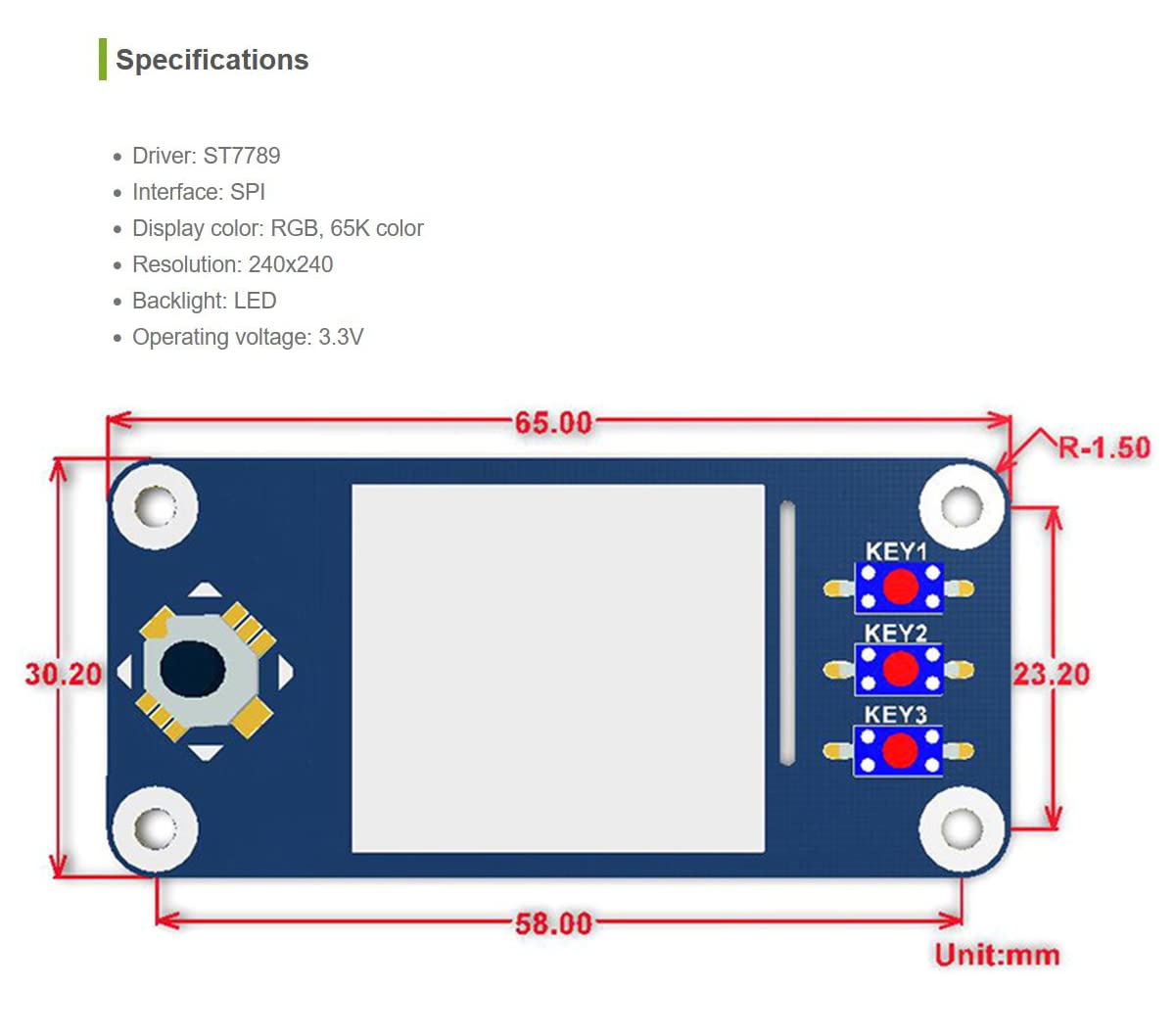 Waveshare 1.3 Zoll LCD Display HAT for Raspberry Pi, 240x240 IPS, SPI, Joystick & 3X Buttons