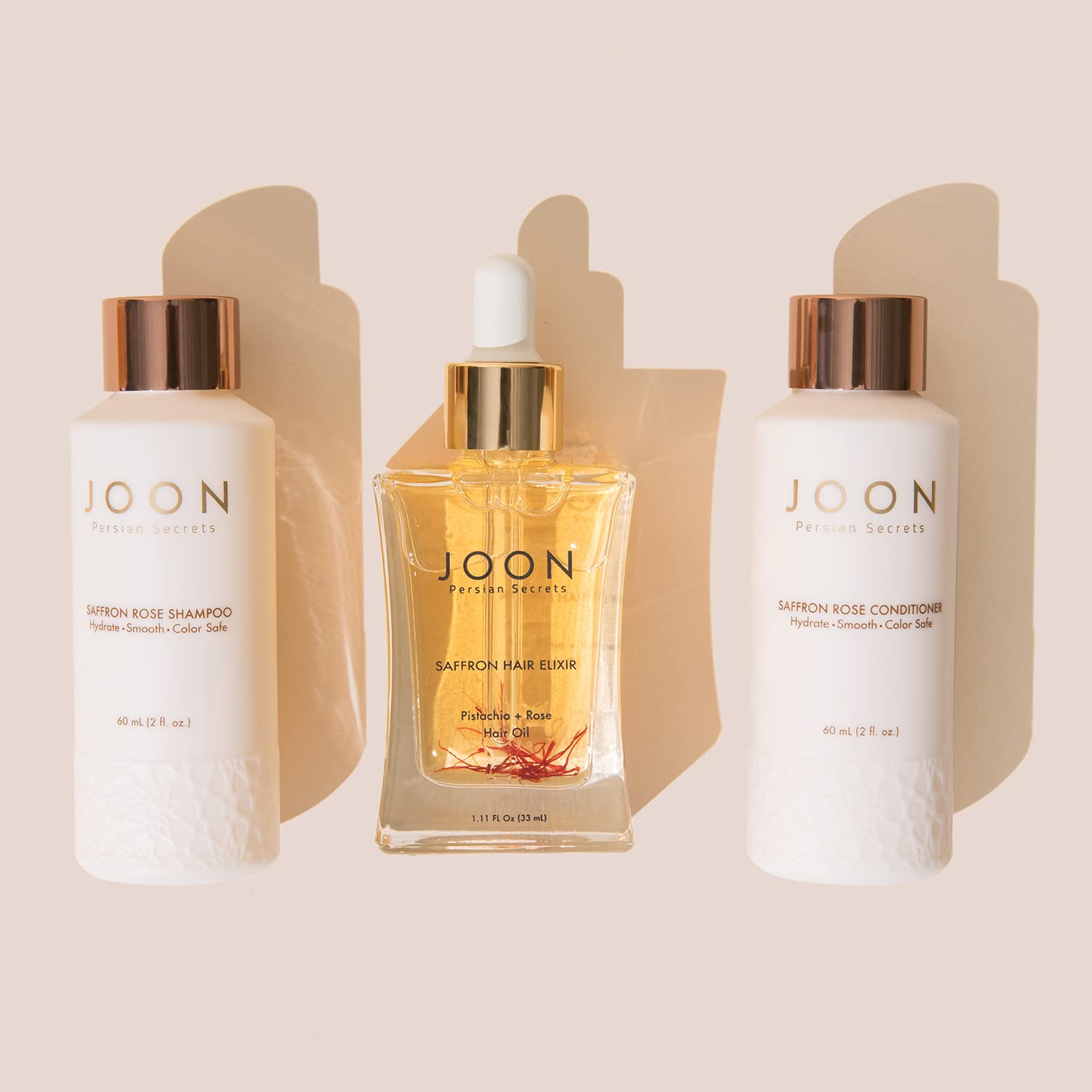 Joon Moisturizing Travel Size Gift Set | Saffron Hair Elixir (1.11 fl oz), Saffron Rose Shampoo (2 fl oz) and Conditioner (2 fl oz)