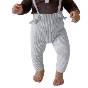 U·nikaka Cotton Rib-Knit Legging Pants with Suspenders Solid Mustard Cream Brown Baby Unisex Pants Adjustable Knot Straps Leggings Grey, 12-18 Months