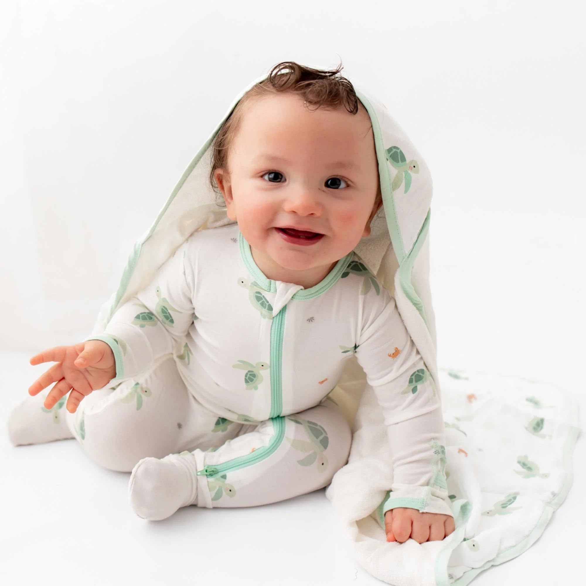 Turtle Footie for Baby - 95% Viscose from Bamboo, 5% Spandex - Soft Newborn Sleepwear, Baby Pajamas, Unisex Baby Clothes, Zipper Romper, Long Sleeve Footed Onesie - Turtle - Imported