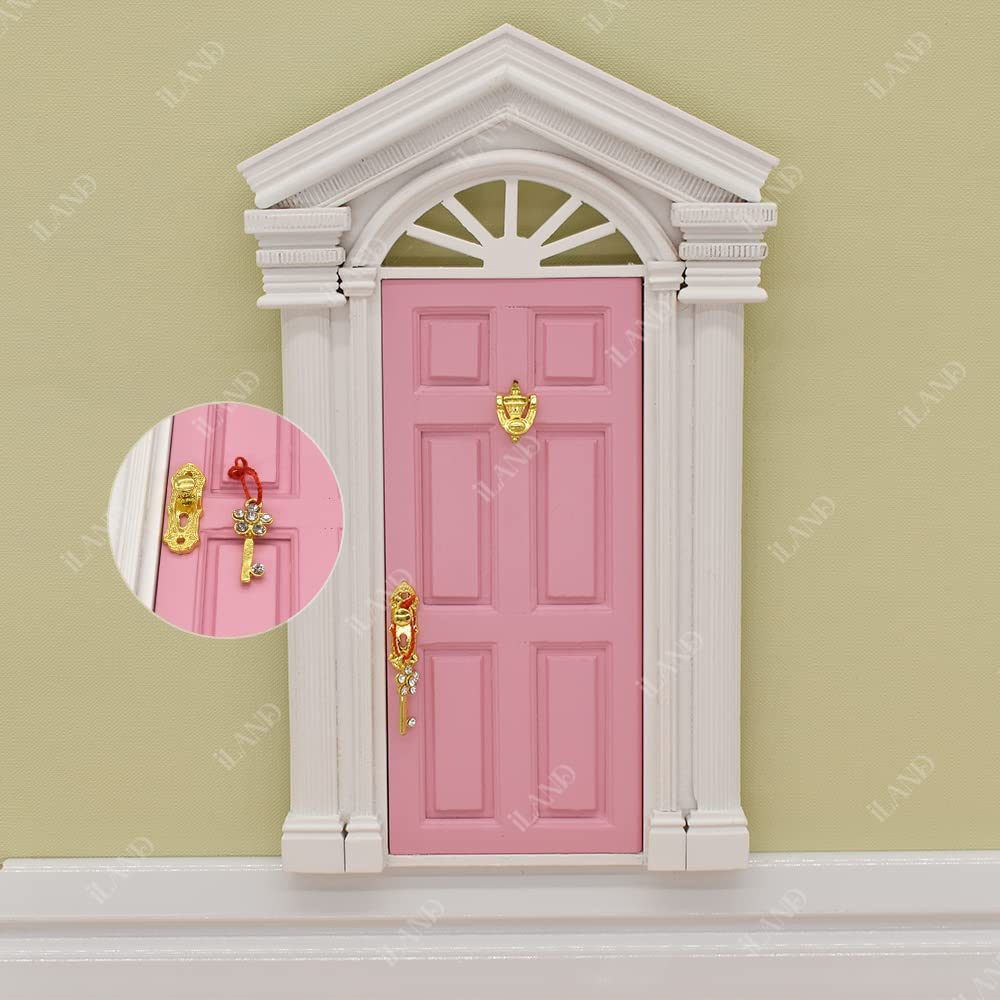 iland Fairy Door for Wall with Dollhouse Accessories, Magical Wooden Elf Door, Tooth Fairy Kit (21pcs Pink)