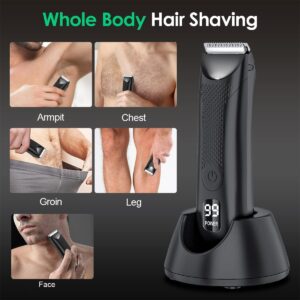 Electric Groin Hair Trimmer, Beard Trimmer for Men, Pubic Hair Trimmer with Light, Power LED Display, Standing Recharge Dock, Guide Comb, Waterproof IPX7 Body Hair Trimmer for Men, Wet and Dry Use