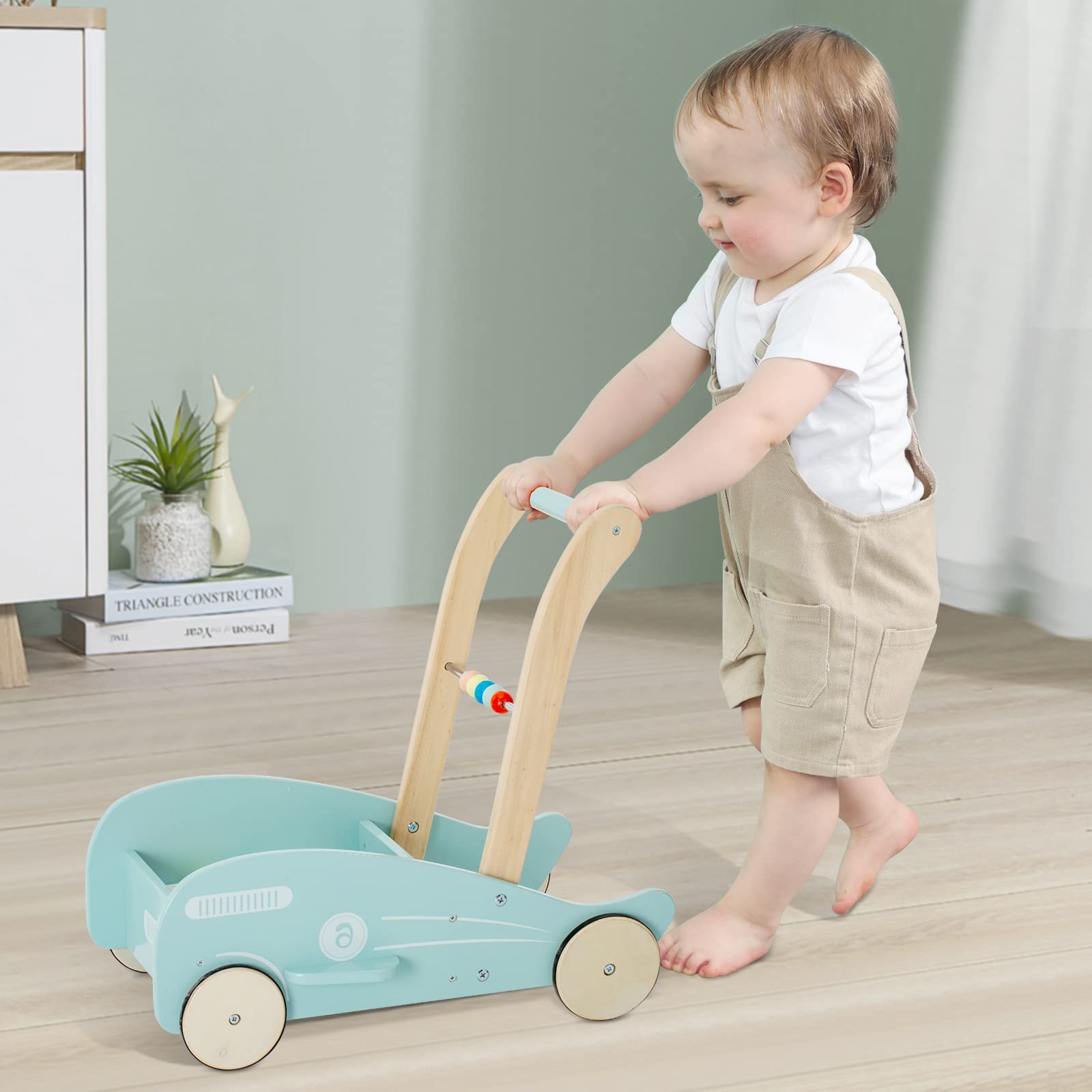 Baby Wooden Walker, Baby Learning Walker Toddler Toys with Wheels for Baby Girls Boys 1-3 Years Old