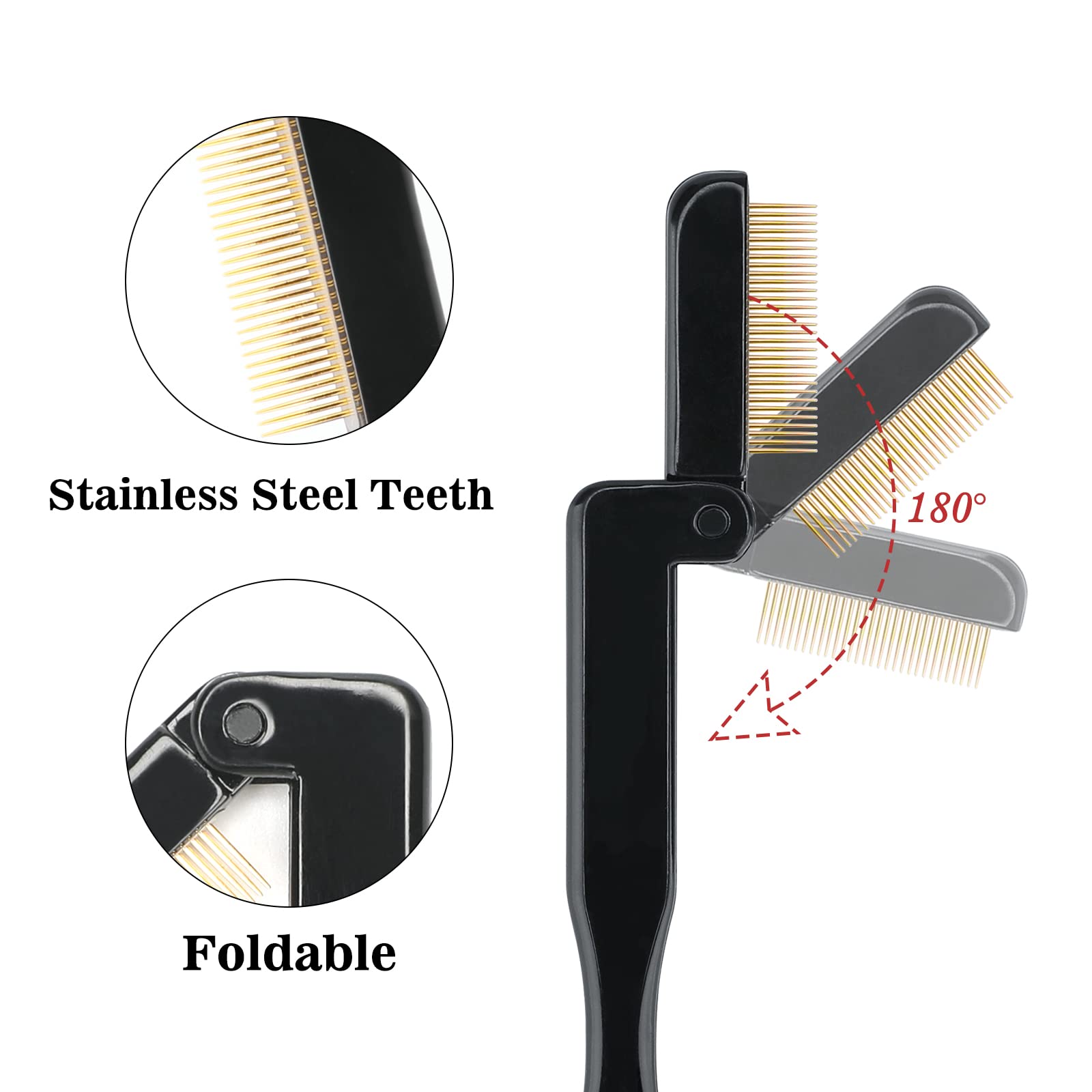 G2PLUS 2PCS Folding Eyelash Comb, Eyelash Separator Tool, Black Eyebrow Comb Metal Teeth, Eyelash Brush Tool for Lash & Brow