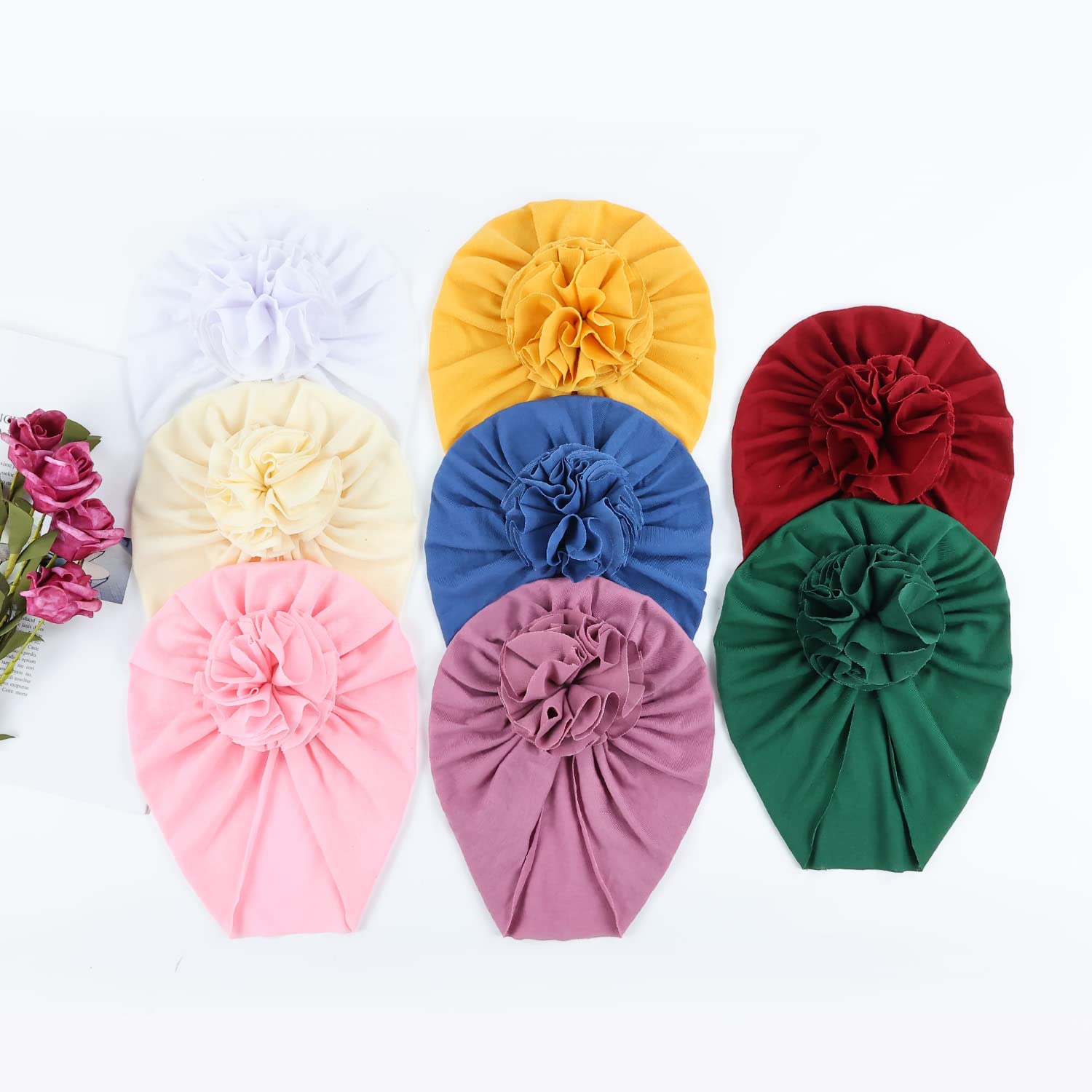 Cinaci 8 Pack Soft Cotton Solid Turban Hats Caps Beanies Headwraps with Big Flower Bow for Baby Girls Infants Toddlers Kids