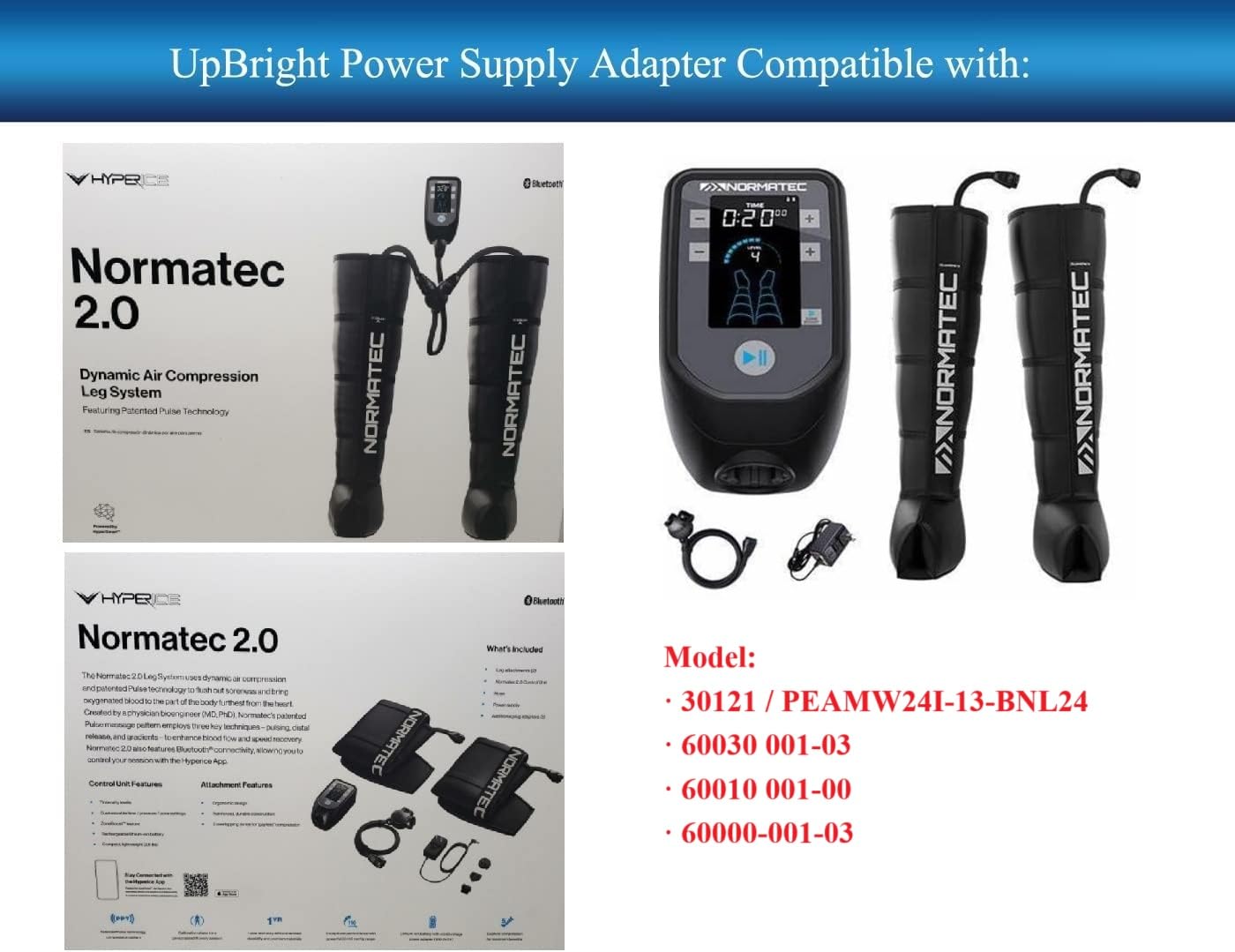 UpBright 15V AC/DC Adapter Compatible with Hyperice Normatec 2.0 Pro Leg 30121 60030 001-03 60010 001-00 60000 LMJ5 Air Massager Pulse Recovery Massage Device PEAMW24I-13-BNL24 Power Battery Charger