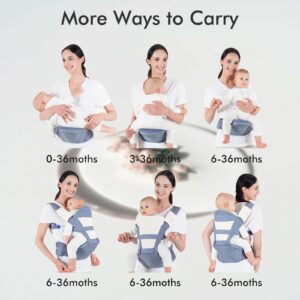 Baby Carrier, Bellababy Multifunction Baby Carrier Hip Seat (Ergonomic M Position) for 3-36 Month Baby, 6-in-1 Ways to Carry, All Seasons, Adjustable Size, Perfect for Shopping Travelling (Blue)