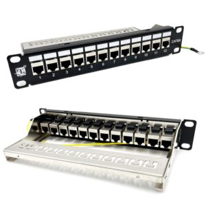 ets 12 port patch panel cat6a inline keystone, feedthrough coupler patch panel 10-inch with cable support, fully loaded pass through jacks, 1u network patch panel compatible cat7, cat6, cat6a, cat5e