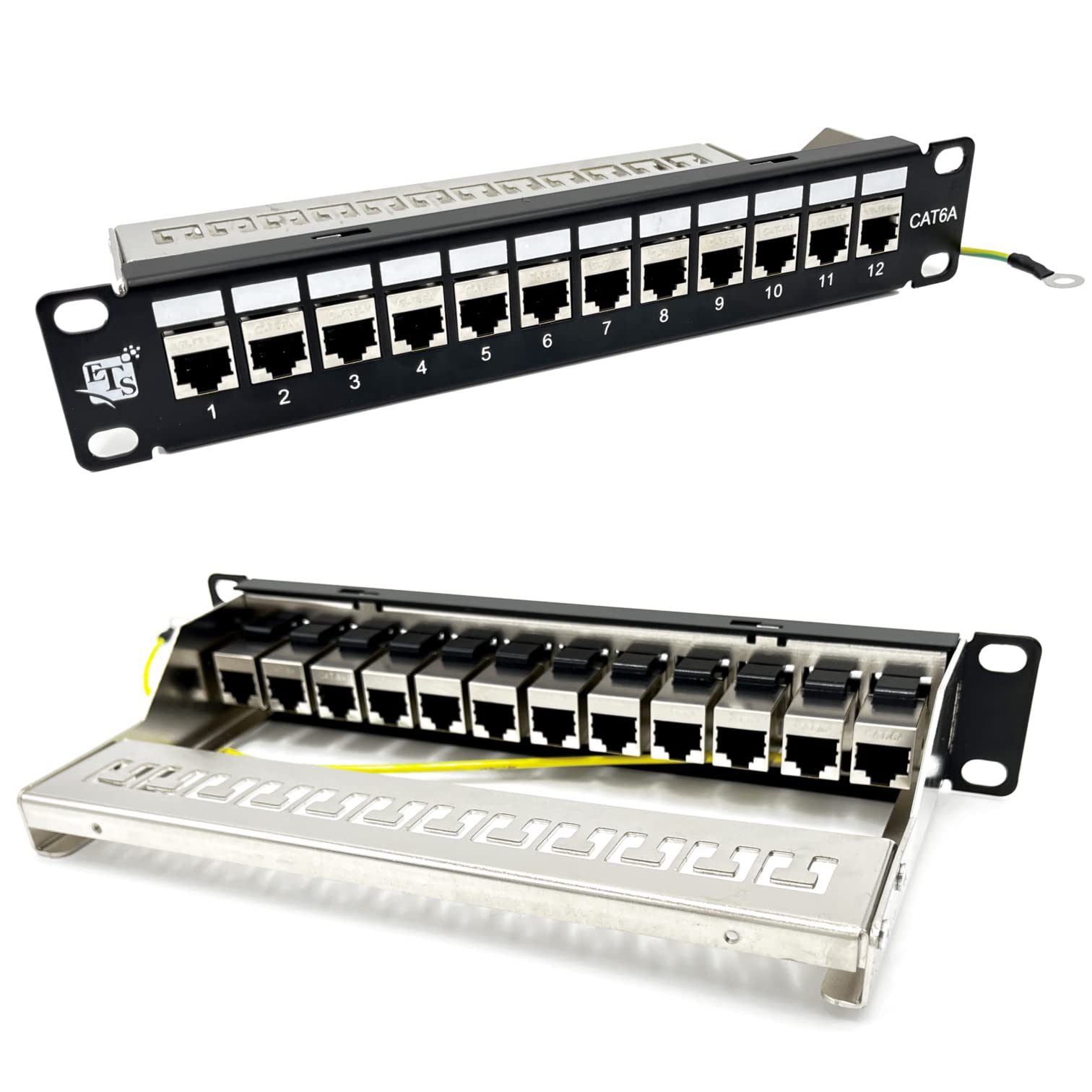 ETS 12 Port Patch Panel Cat6A Inline Keystone, Feedthrough Coupler Patch Panel 10-Inch with Cable Support, Fully Loaded Pass Through Jacks, 1U Network Patch Panel Compatible Cat7, Cat6, Cat6A, Cat5e