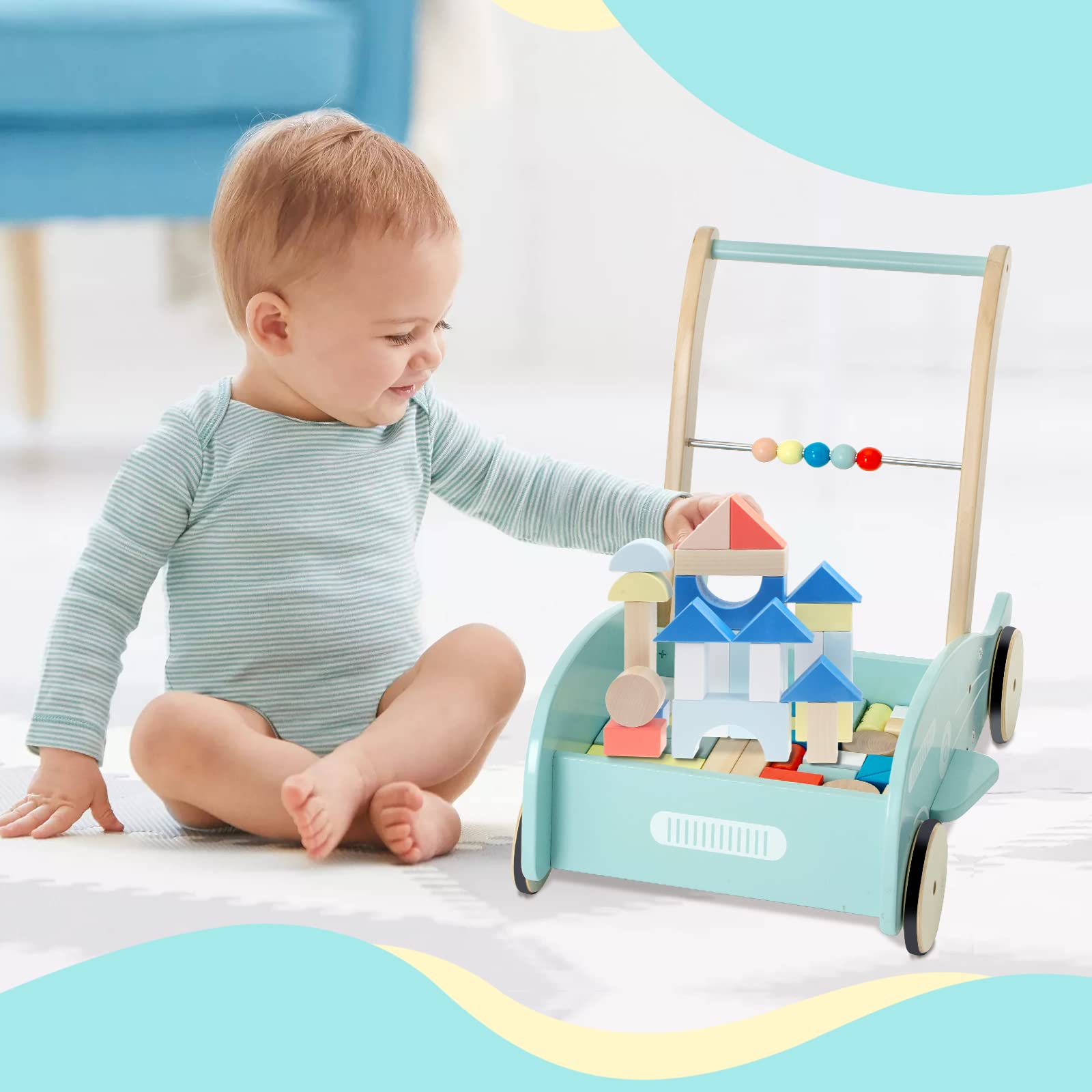 Baby Wooden Walker, Baby Learning Walker Toddler Toys with Wheels for Baby Girls Boys 1-3 Years Old