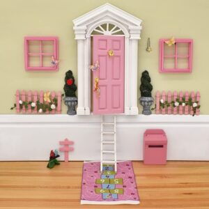 iland fairy door for wall with dollhouse accessories, magical wooden elf door, tooth fairy kit (21pcs pink)