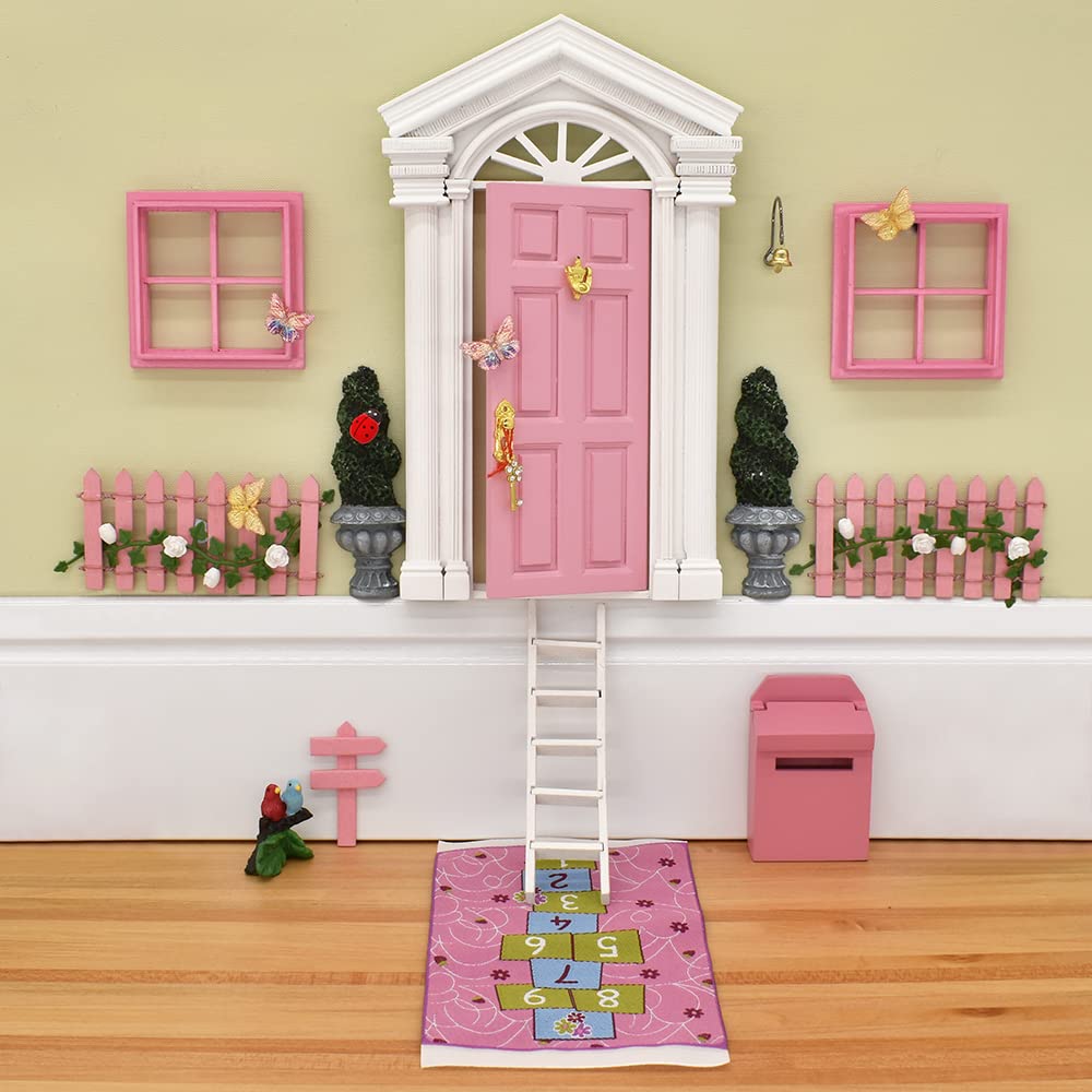 iland Fairy Door for Wall with Dollhouse Accessories, Magical Wooden Elf Door, Tooth Fairy Kit (21pcs Pink)