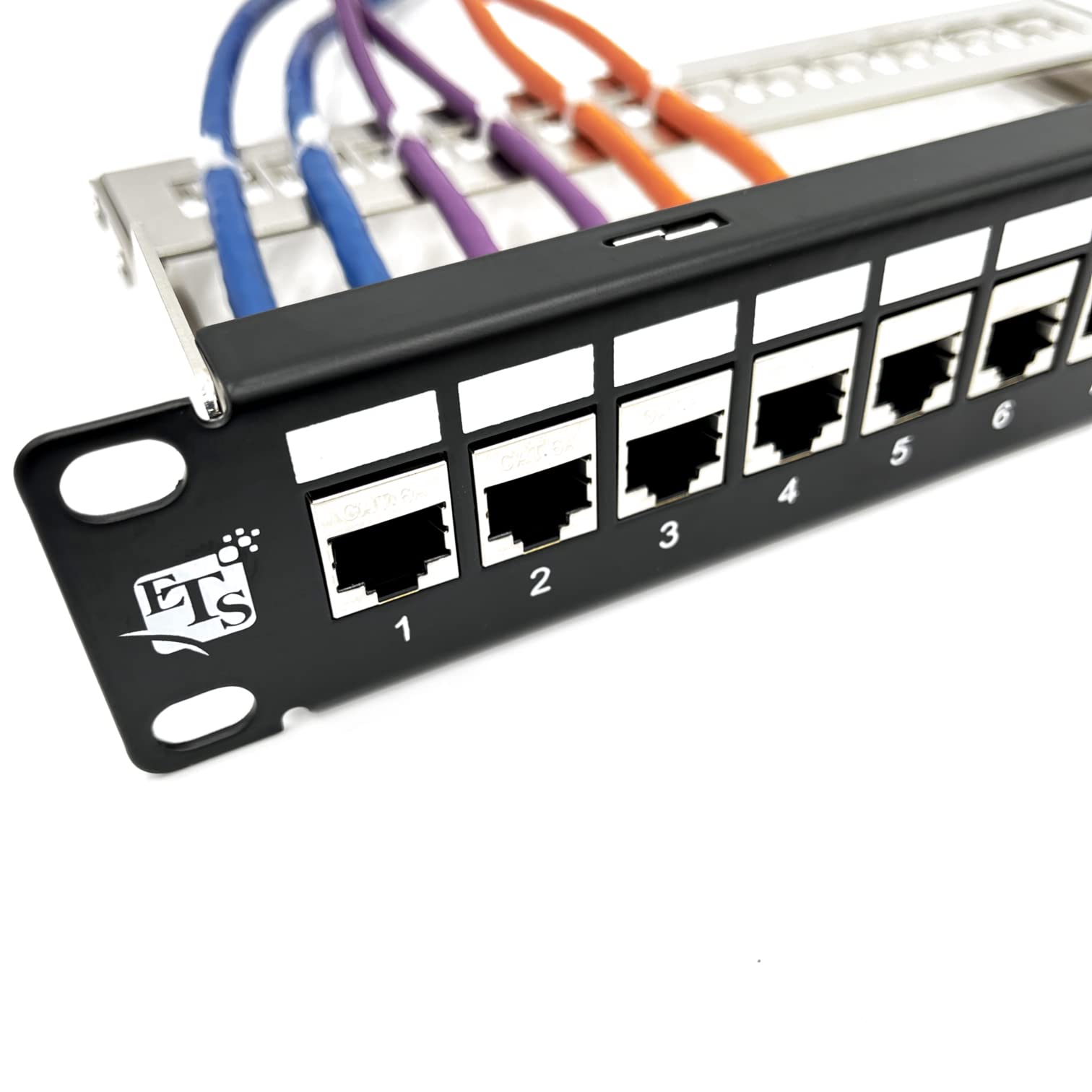 ETS 12 Port Patch Panel Cat6A Inline Keystone, Feedthrough Coupler Patch Panel 10-Inch with Cable Support, Fully Loaded Pass Through Jacks, 1U Network Patch Panel Compatible Cat7, Cat6, Cat6A, Cat5e