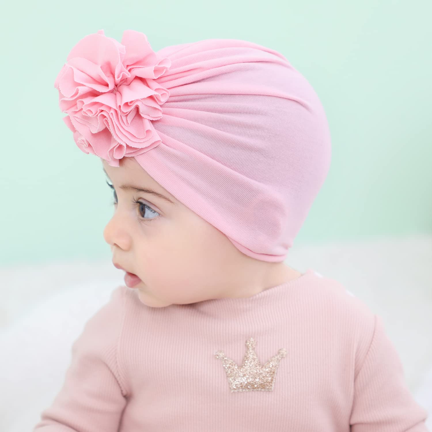 Cinaci 8 Pack Soft Cotton Solid Turban Hats Caps Beanies Headwraps with Big Flower Bow for Baby Girls Infants Toddlers Kids