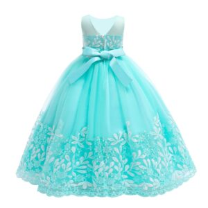 Flower Boho Floral Embroidery Lace Tutu Rustic Vintage Junior Bridesmaid Wedding Pageant Party Princess Summer Baptism Christening Beach Maxi Puffy Tulle A-Line Dress Lace-Tiffany Blue 5-6X