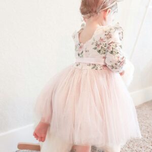 Flofallzique Toddler Tulle Dress Long Sleeves Vintage Floral Little Girls Tea Party Dresses (Peach, 1 Year)