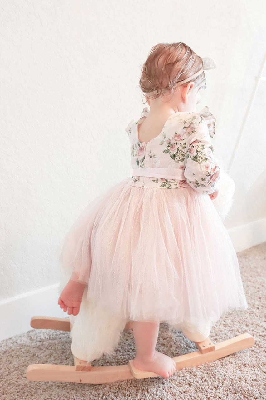 Flofallzique Toddler Tulle Dress Long Sleeves Vintage Floral Little Girls Tea Party Dresses (Peach, 1 Year)