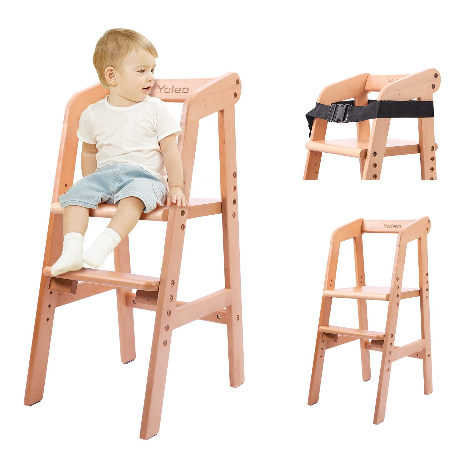 YOLEO High Chair Wooden for Toddlers Junior Childs, Sturdy Durable Dining Feeding Chair with Steps Grows with Child, Max 60kg (Natural Color)