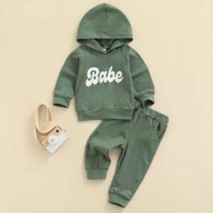 Newbron Baby Girls Boys Clothes BABE Letter Printed Long Sleeve Pullover Hooded Sweatshirts+Pants Outfits (Green, 0-3 Months)