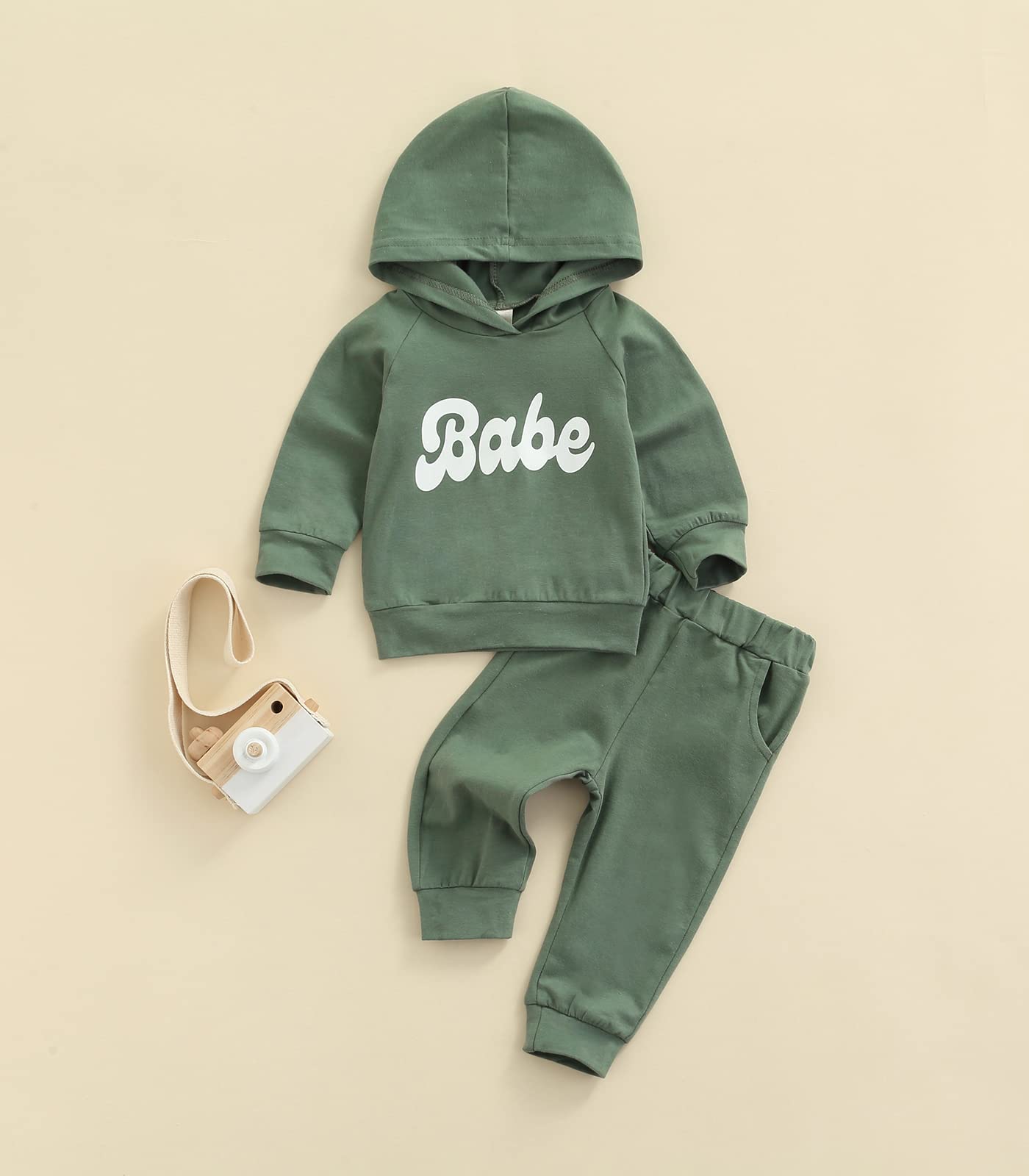 Newbron Baby Girls Boys Clothes BABE Letter Printed Long Sleeve Pullover Hooded Sweatshirts+Pants Outfits (Green, 0-3 Months)