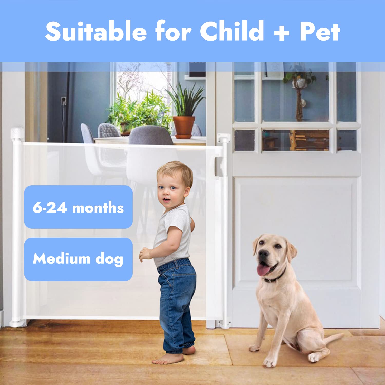 Papablic Retractable Baby Gate, Auto Lock Safety Gate for Baby and Pet, 34" Tall, Extends to 71" Wide, Extra Wide Dog Gate for Indoor Outdoor Stairs Doorways Hallways