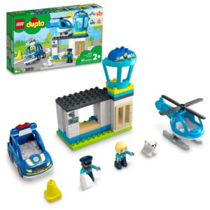 lego duplo rescue police station 10959 push & go car toy with lights and siren plus helicopter, early learning toys for toddlers, boys & girls 2 plus years old