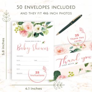 Set of 25 Pink Boho Baby Shower Invitations for Girl - Floral Girl Baby Shower Invitations with Envelopes, Book Request Cards & Diaper Raffle Tickets - Baby Shower Thank You Cards Included