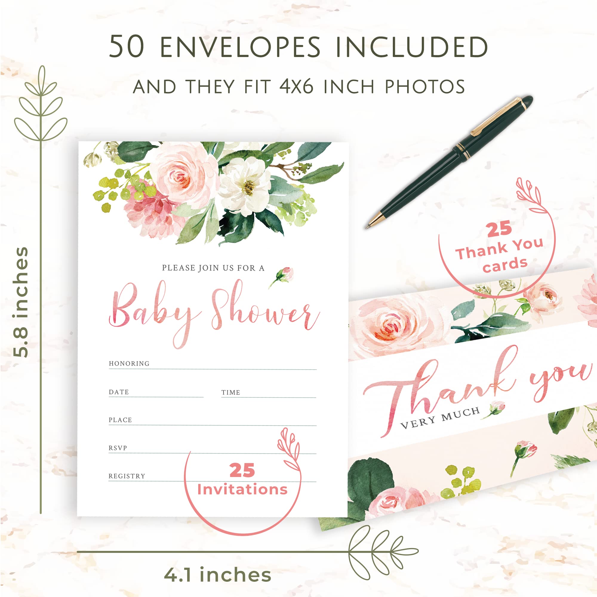 Set of 25 Pink Boho Baby Shower Invitations for Girl - Floral Girl Baby Shower Invitations with Envelopes, Book Request Cards & Diaper Raffle Tickets - Baby Shower Thank You Cards Included