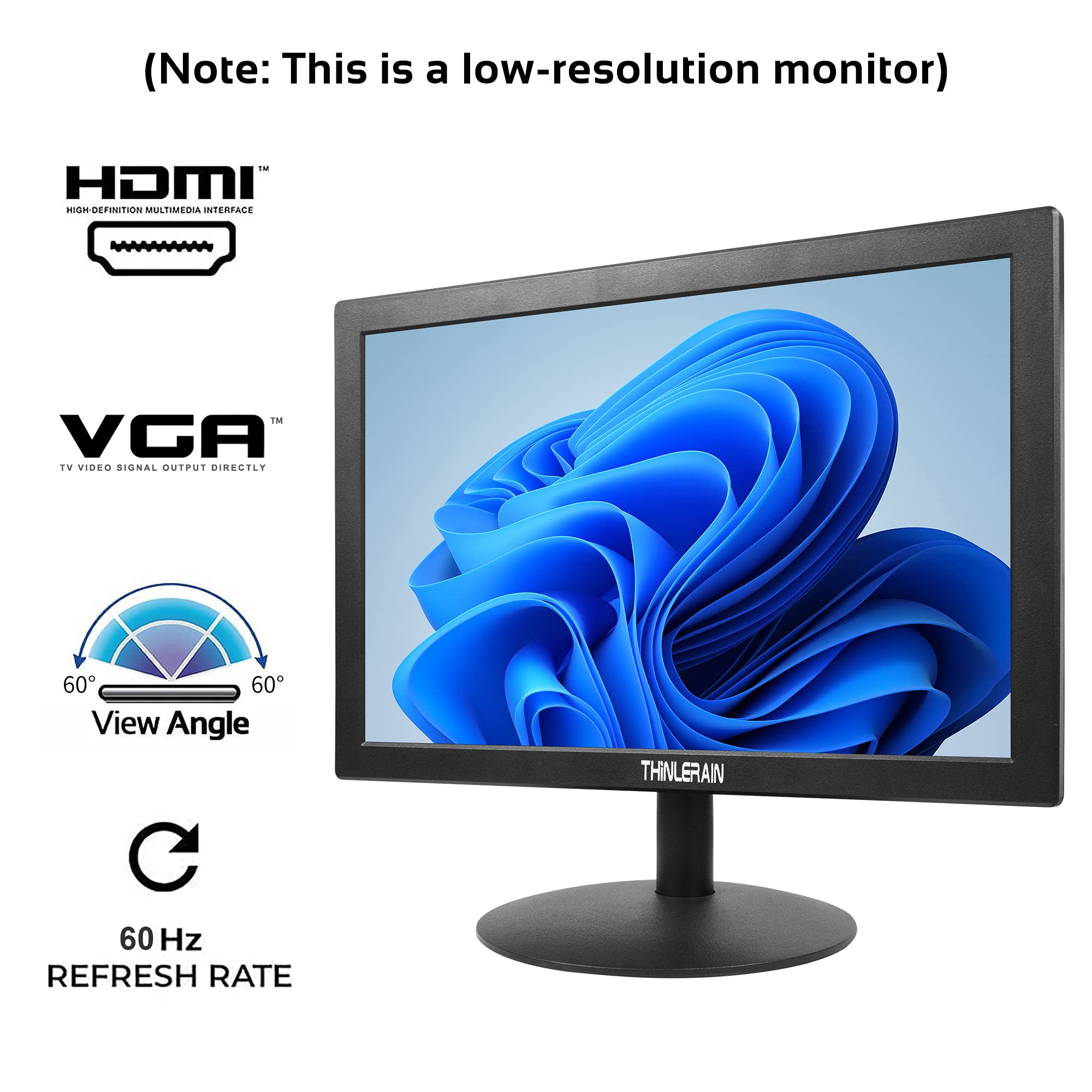 Thinlerain 15 inch PC Monitor 16:9 LED HDMI Monitor 1440×900, 60 Hz Refresh Rate, 5Ms Response Time, VGA, HDMI, TN Panel, Built-in Speakers