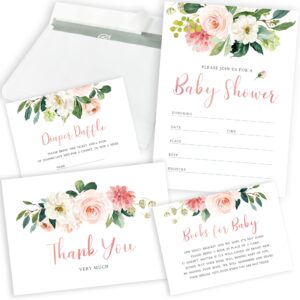 hat acrobat boho baby shower invitations (25pcs) - pink floral it's a girl, including envelopes, diaper raffle tickets, book request cards, thank you cards