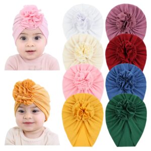 cinaci 8 pack soft cotton solid turban hats caps beanies headwraps with big flower bow for baby girls infants toddlers kids