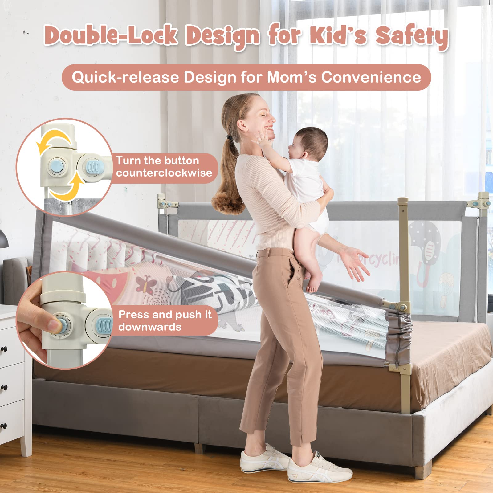 BABY JOY Bed Rail for Toddlers, 57’’ Extra Long, Height Adjustable & Foldable Baby Bed Rail Guard w/Breathable Mesh & Double Safety Child Lock for Kids Twin Double Full Size Queen King Mattress, Gray