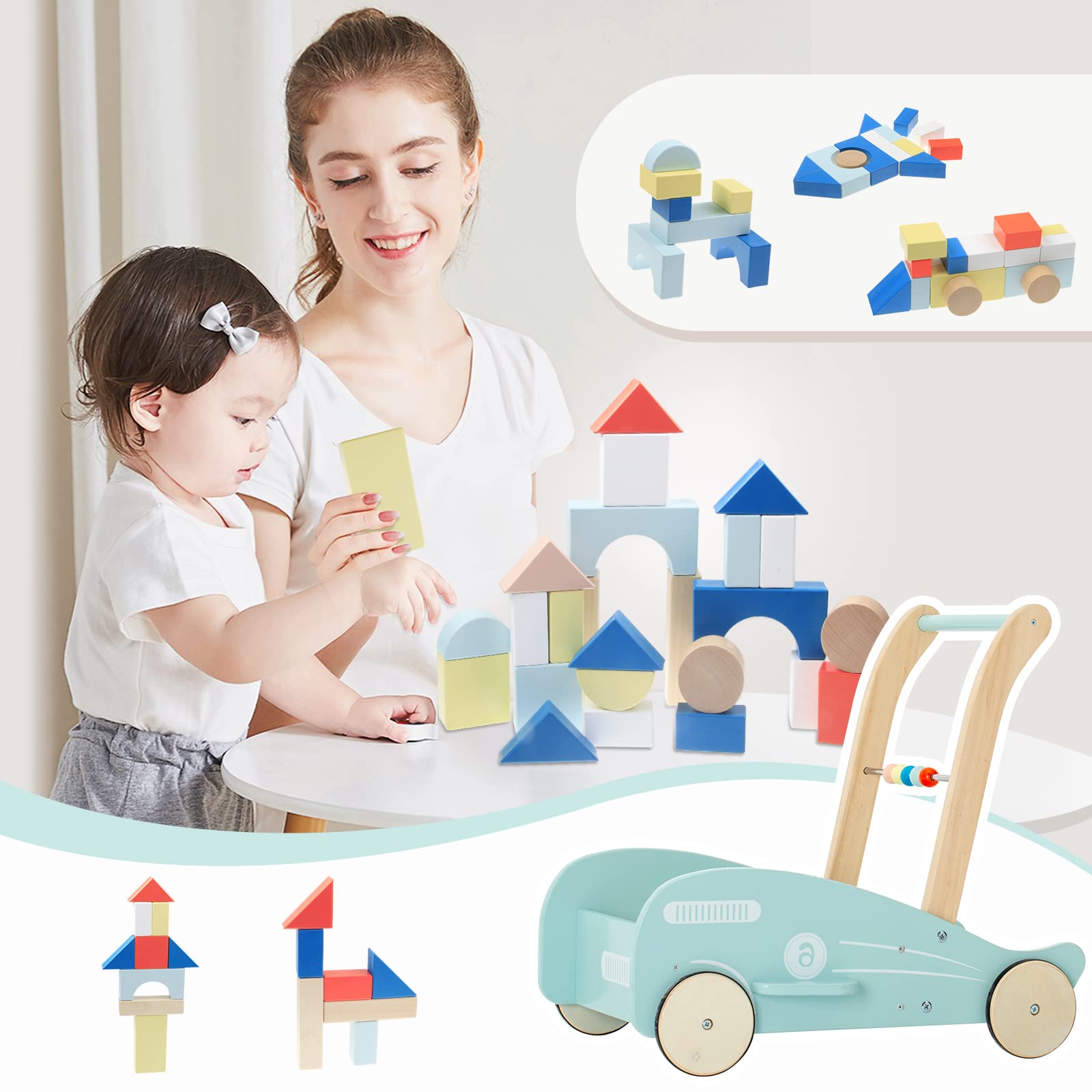 Baby Wooden Walker, Baby Learning Walker Toddler Toys with Wheels for Baby Girls Boys 1-3 Years Old