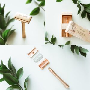 Eco Friendly Safety Razor For Women & Blades | Zero Waste Gift Ideas | Sustainable Shaver for Ladies | Rose Gold Straight Metal Razor | Stainless Steel Double Edge Razors | Reusable Safety Razor Women