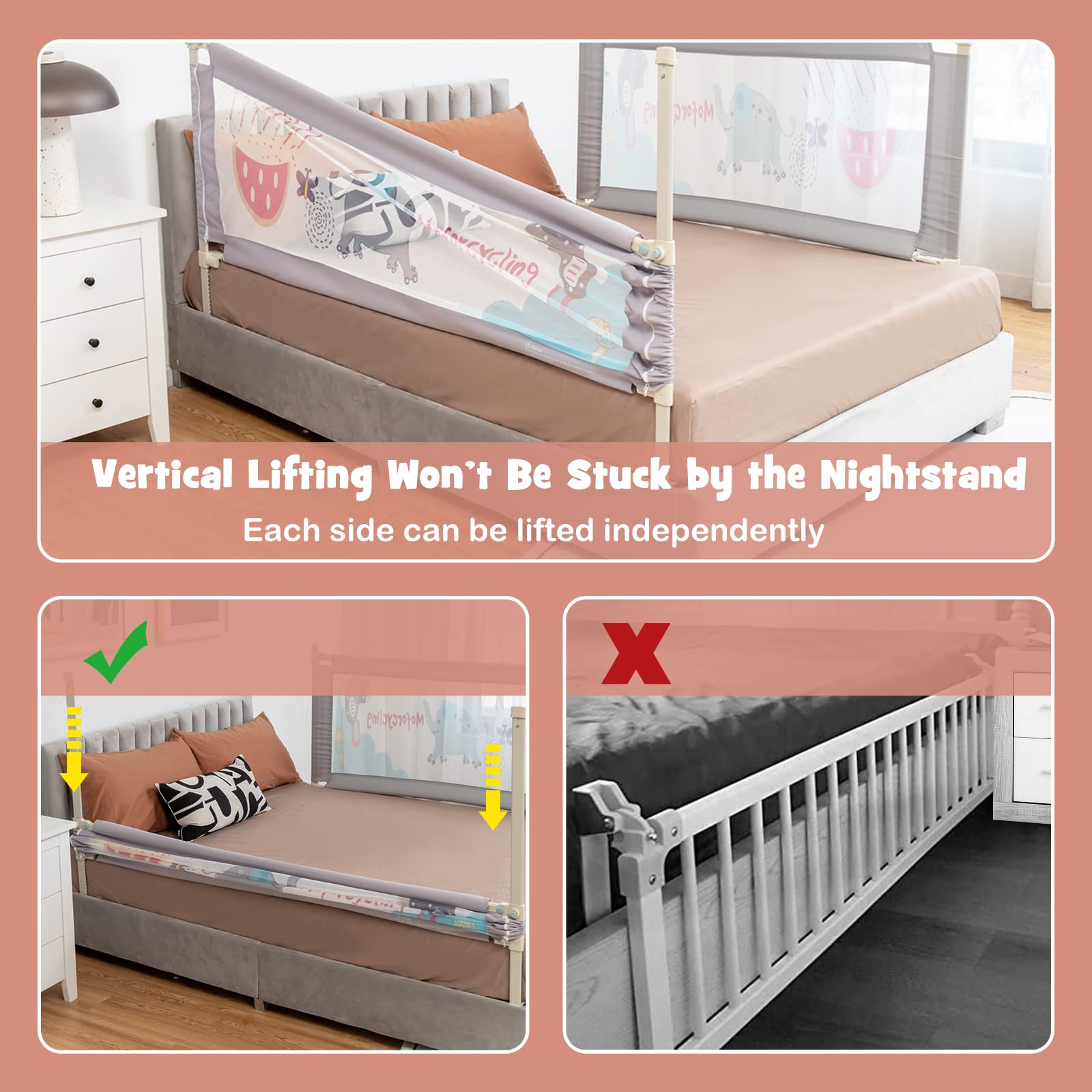 BABY JOY Bed Rail for Toddlers, 57’’ Extra Long, Height Adjustable & Foldable Baby Bed Rail Guard w/Breathable Mesh & Double Safety Child Lock for Kids Twin Double Full Size Queen King Mattress, Gray