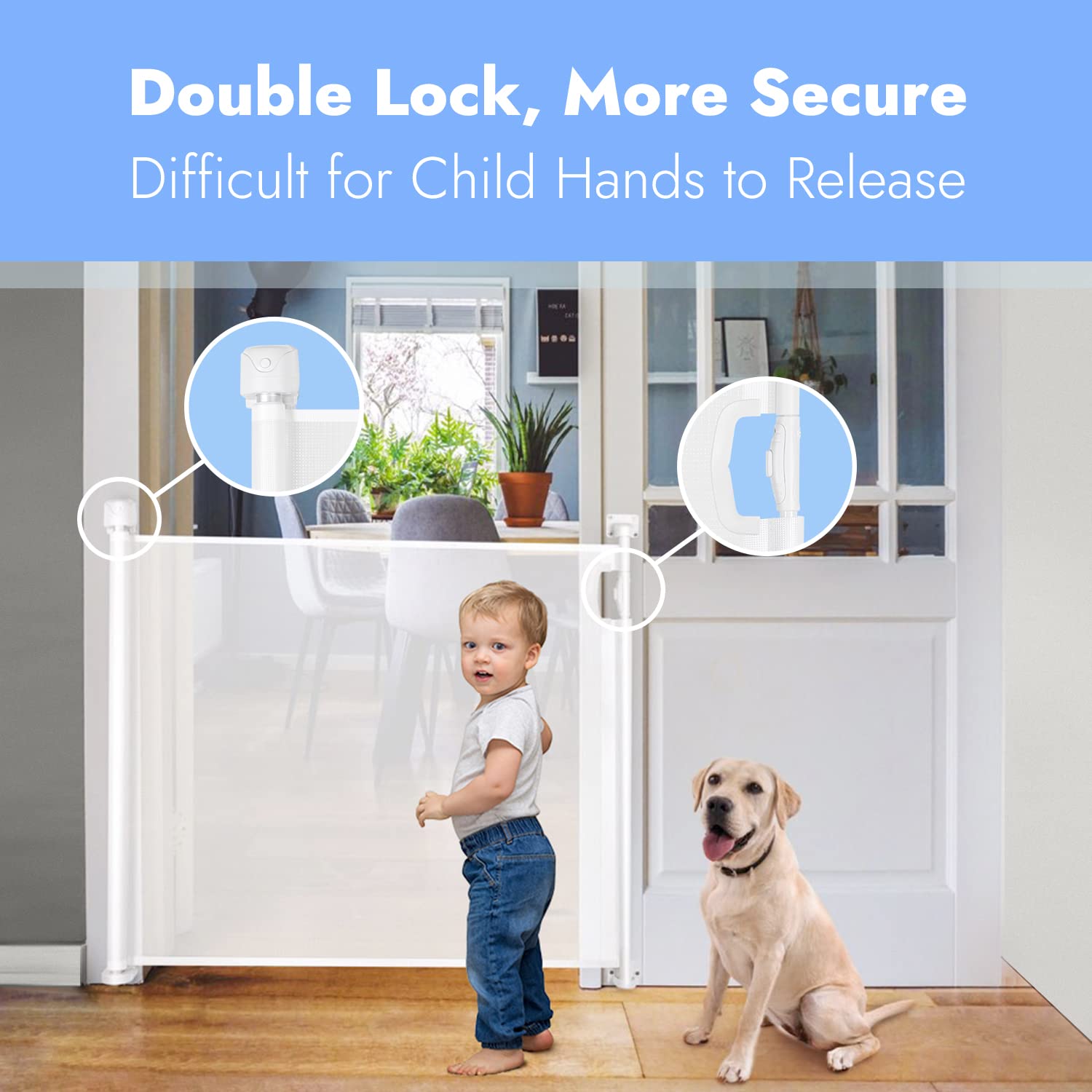 Papablic Retractable Baby Gate, Auto Lock Safety Gate for Baby and Pet, 34" Tall, Extends to 71" Wide, Extra Wide Dog Gate for Indoor Outdoor Stairs Doorways Hallways